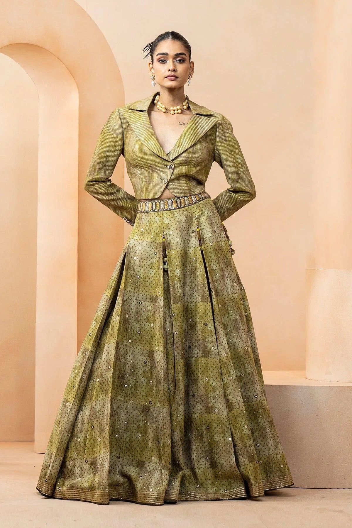 Buy Qahr Chundri Print Blouse with Jacket Lehenga